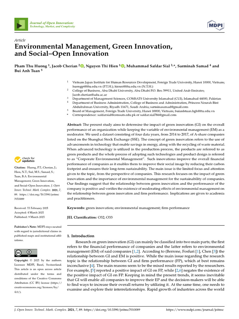 Environmental Management Green Innova - 2021 - Journal of Open ...