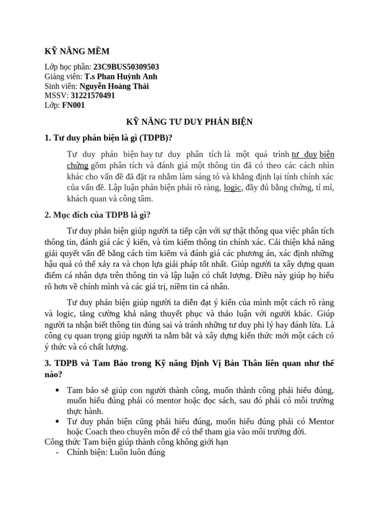 BT Cá Nhân K Năng TDPB | PDF