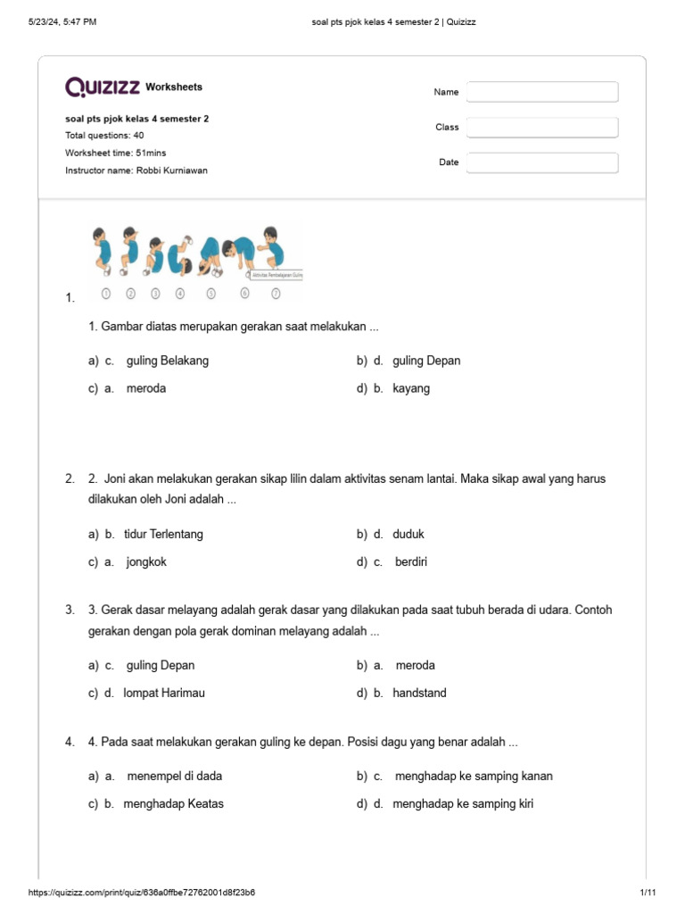 Soal Pts Pjok Kelas 4 Semester 2 - Quizizz | PDF