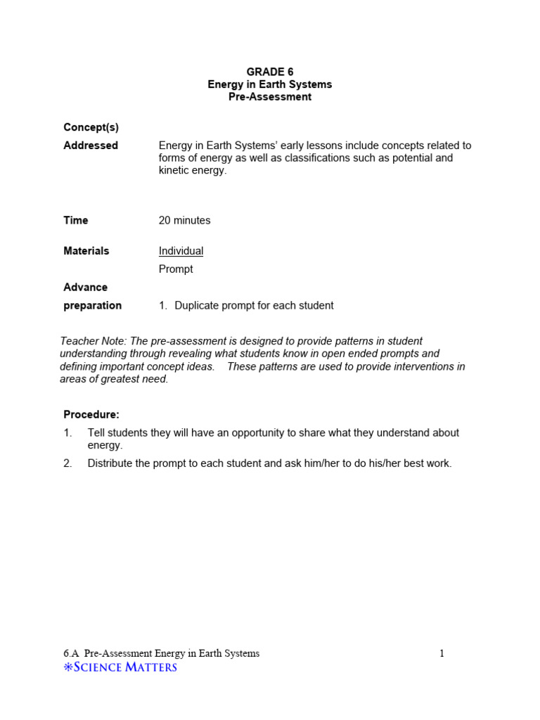 6 A EnergyPre Assessment | PDF | Earth | Science