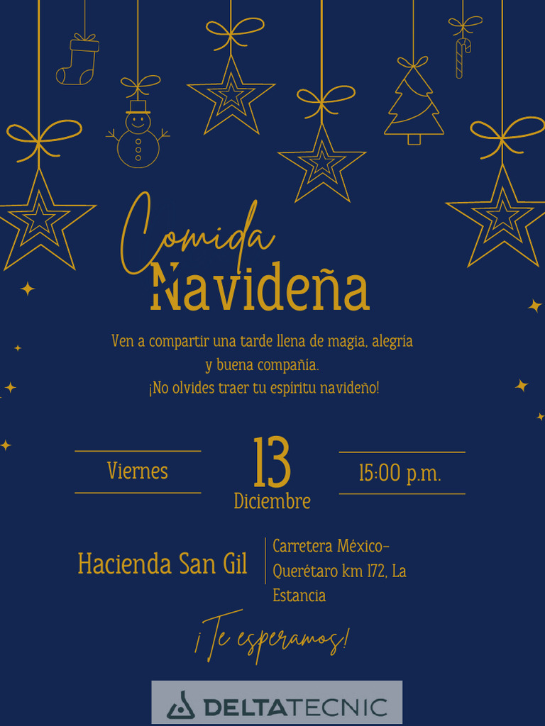 Invitación Cena Navideña Elegante Azul y Dorado | PDF