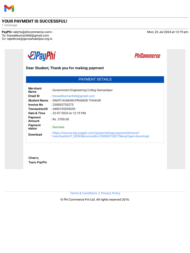 Gmail - Your Payment is Successful! | PDF