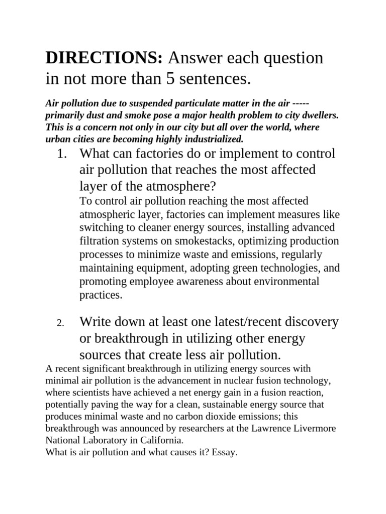 Air Pollution Questions and Essay | PDF | Air Pollution | Atmosphere Of ...