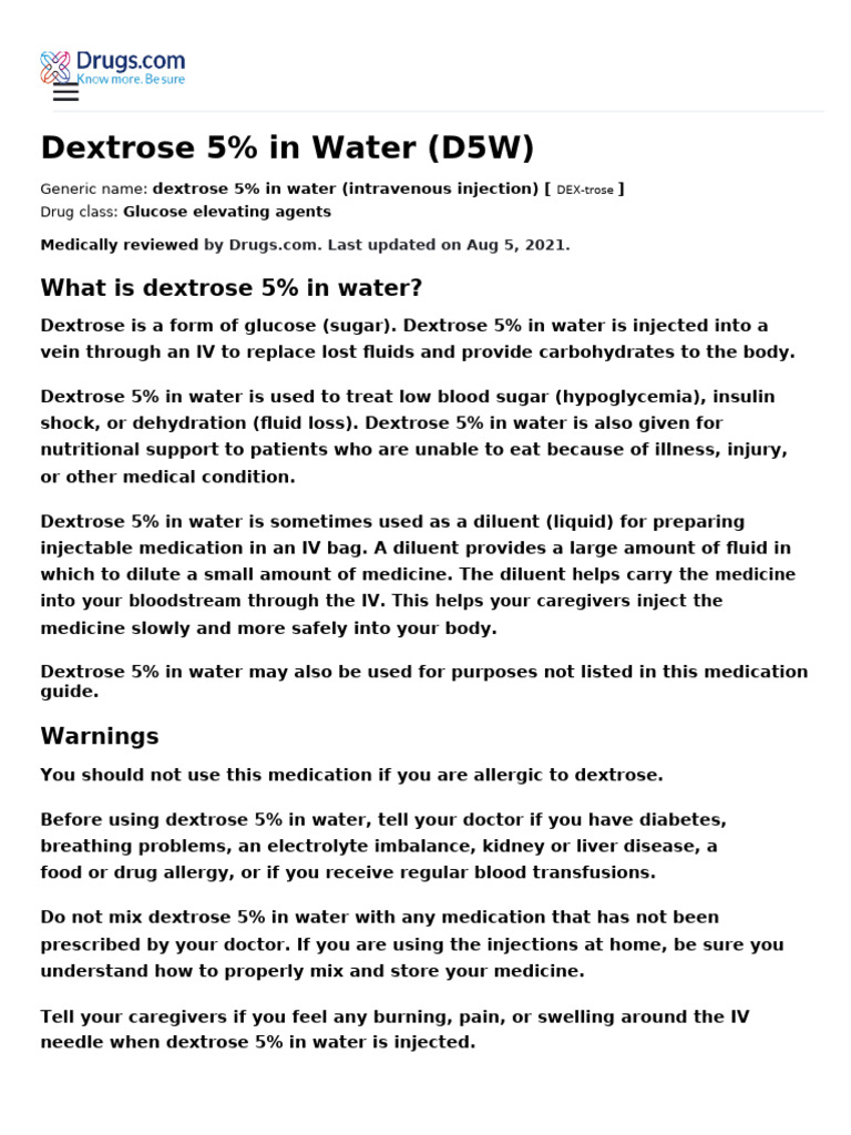 Dextrose 5% in Water (D5W) Intravenous - Drugs173 | PDF | Intravenous ...