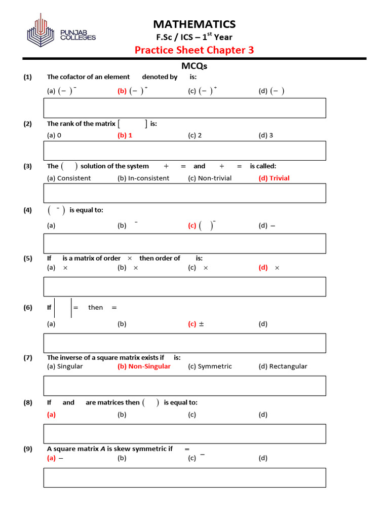Math Practice Sheet P-1-Ch.3 | PDF | Matrix (Mathematics) | System Of Linear Equations