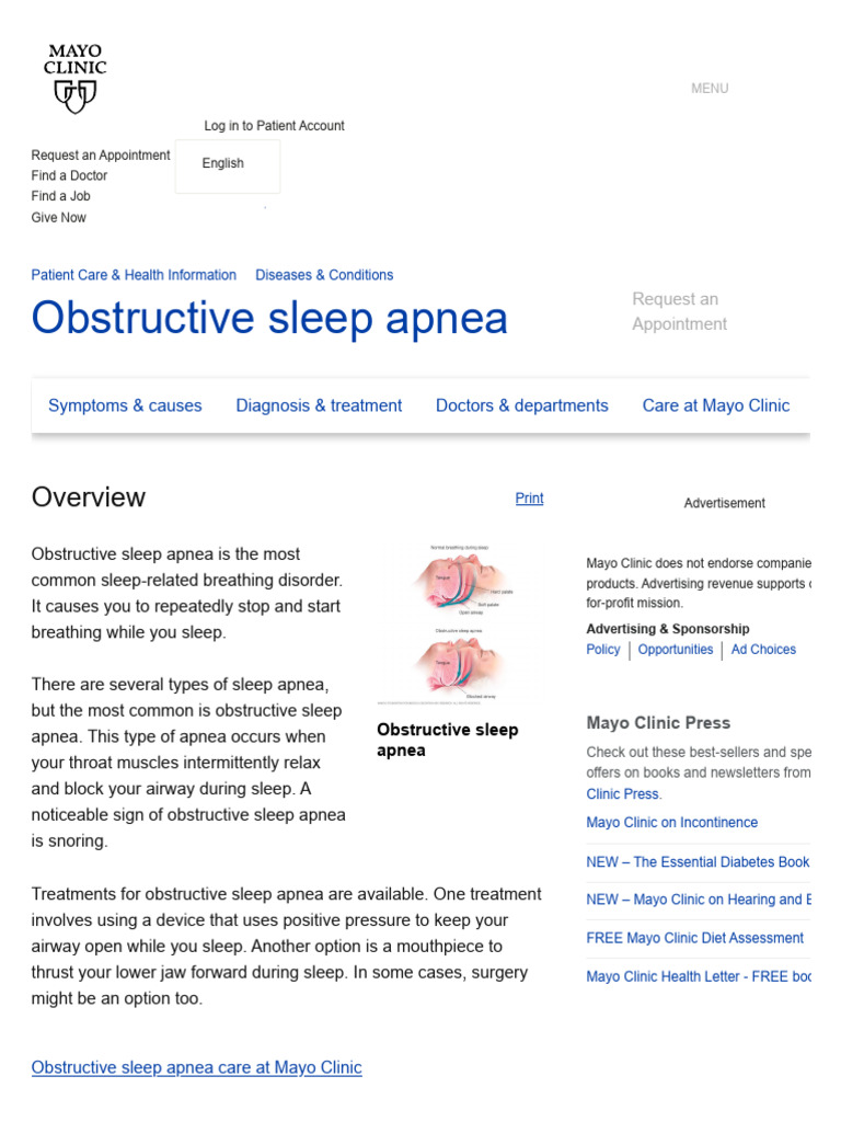 Obstructive sleep apnea - Symptoms and causes - Mayo Clinic | PDF ...