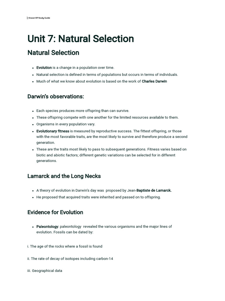 Unit 7 - Natural Selection Notes - Knowt | PDF | Natural Selection ...