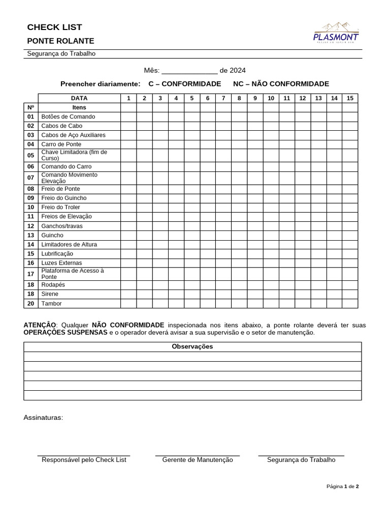 Check-List Ponte Rolante | PDF