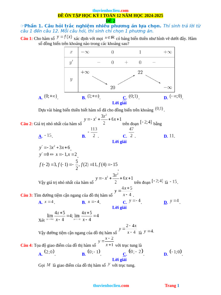 De On Tap HK1 Toan 12 CTST de 2 | PDF