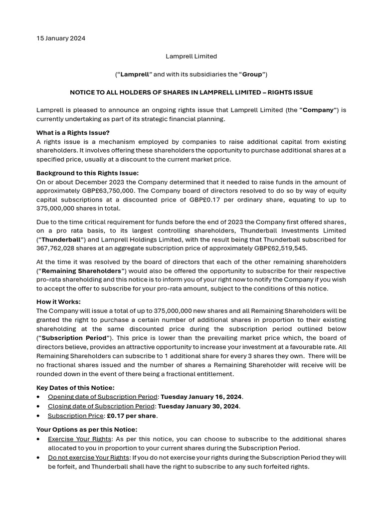 Lamprell Notice to Remaining Shareholders 150124 | PDF | Pro Rata ...