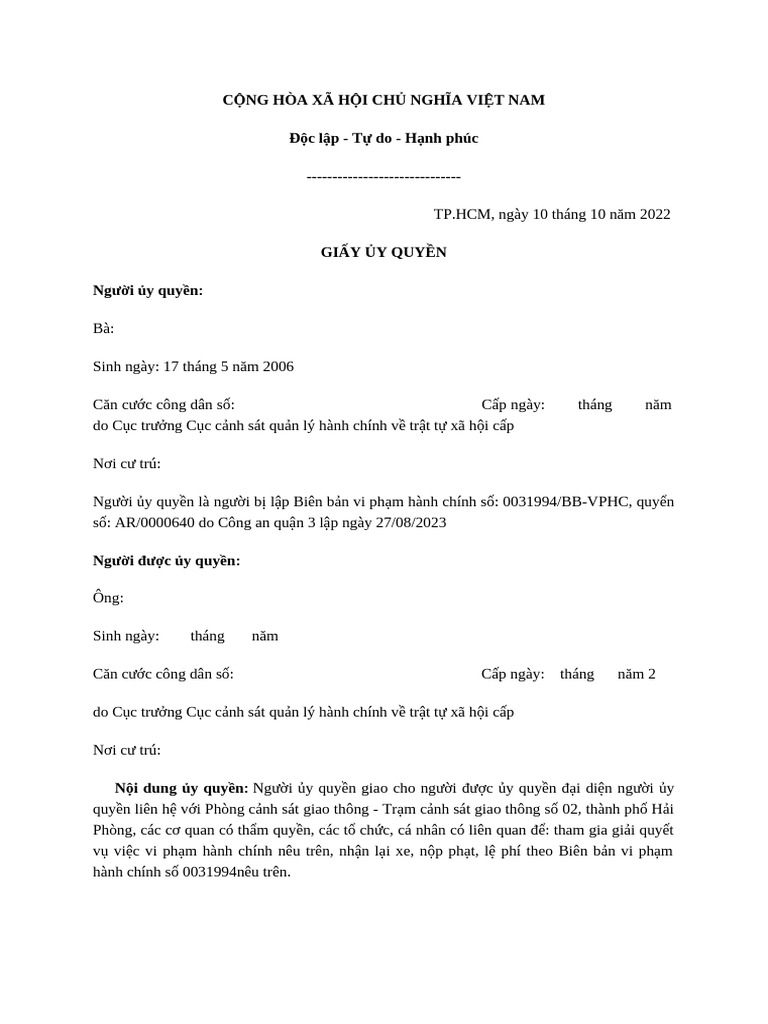 Mau Giay Uy Quyen Nop Phat Giao Thong | PDF