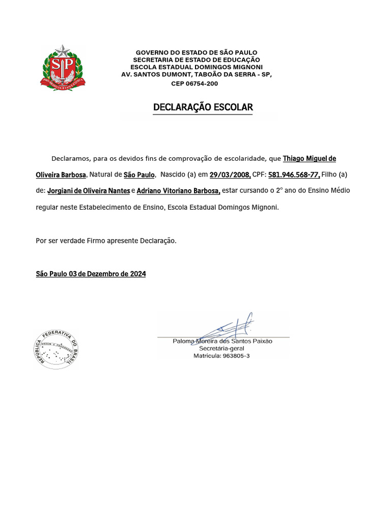 DECLARACAO-ESCOLAR DE THIAGO | PDF