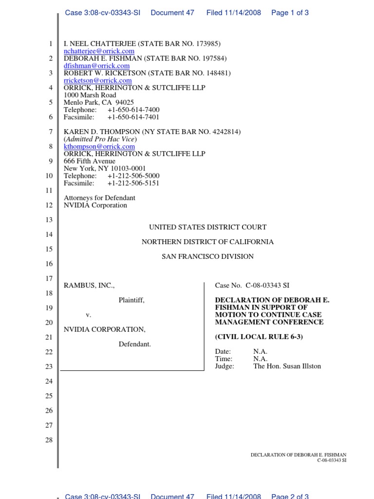 Declaration of Deborah E. Fishman in Support of Motion To Continue Case ...