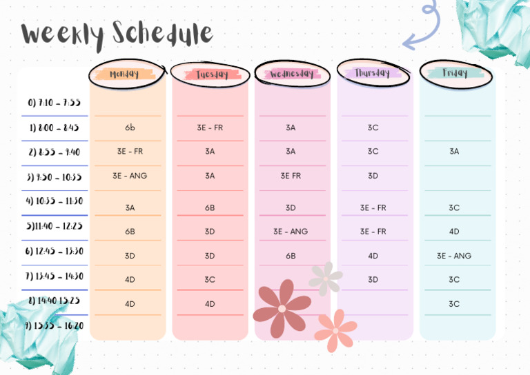 Pastel Cute Playful Doodle Sketch Timetable Class Schedule | PDF