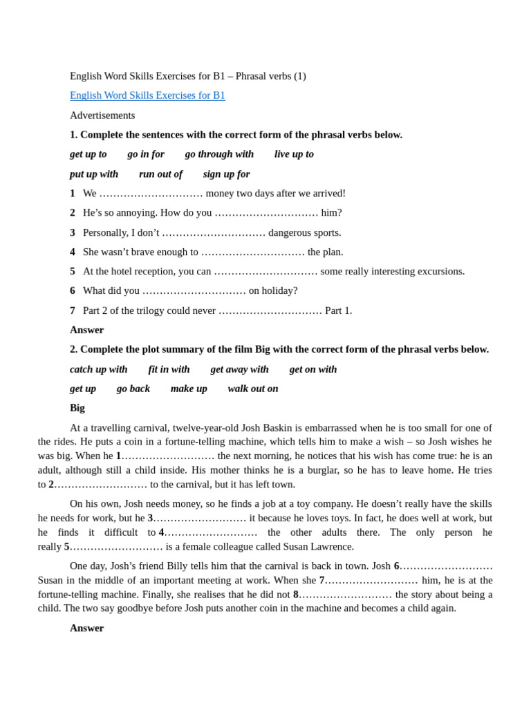 English Word Skills Exercises For B1 | PDF | Noun | Adjective
