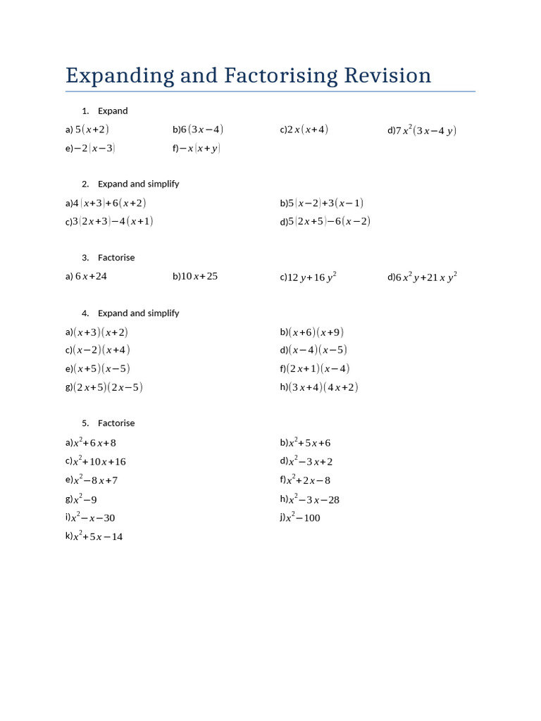 Expanding and Factorising Revision | PDF