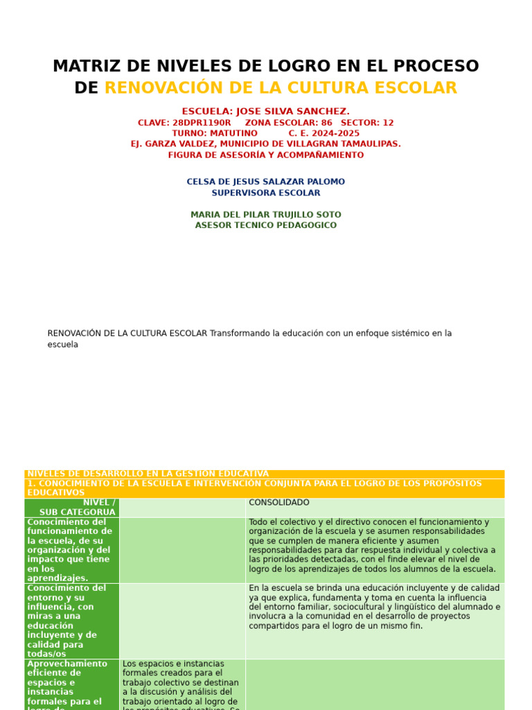 Matriz de Niveles de Logro en El Proceso de Renovación de La Cultura Escolar - 041923 | PDF ...