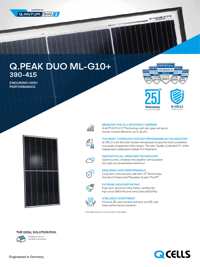 Datasheet Q.PEAK DUO ML G10 390 415 | PDF | Solar Panel | Photovoltaics