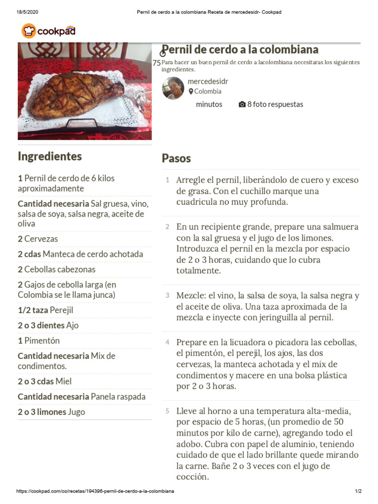 Receta de Pernil de Cerdo Colombiano | PDF | Alimentos | Cocina