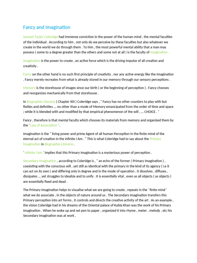 Fancy and Imagination | PDF | Imagination | Samuel Taylor Coleridge