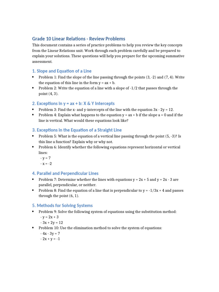 Grade 10 Linear Relations Review Problems | PDF | Line (Geometry ...