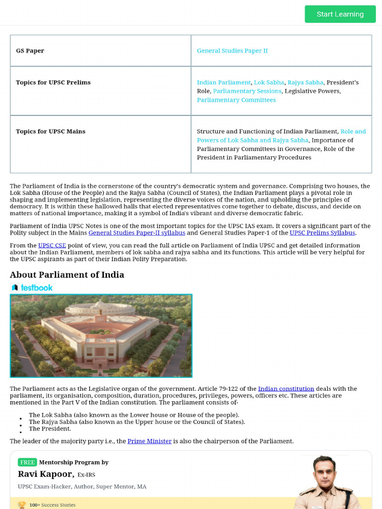 Functions of Parliament of India_ Organs, Composition & More _ UPSC ...