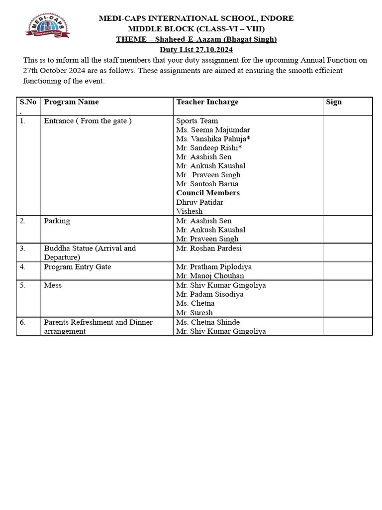 Annual Function Duty Assignments 2024 | PDF
