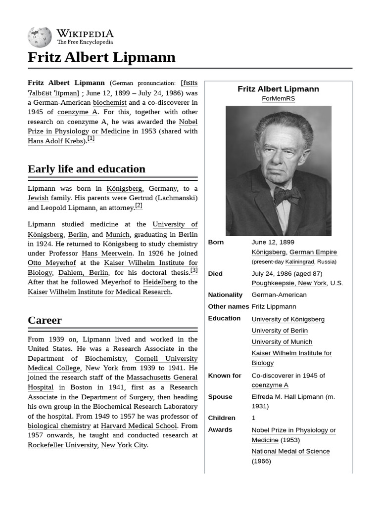 Fritz_Albert_Lipmann | PDF | Biochemistry | Chemistry