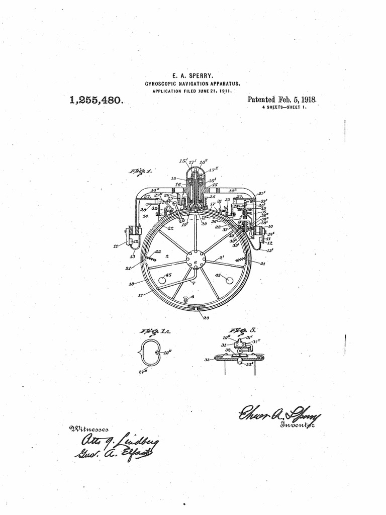 1911 SPERRY Navigation US1255480 | PDF | Rotation | Gyroscope