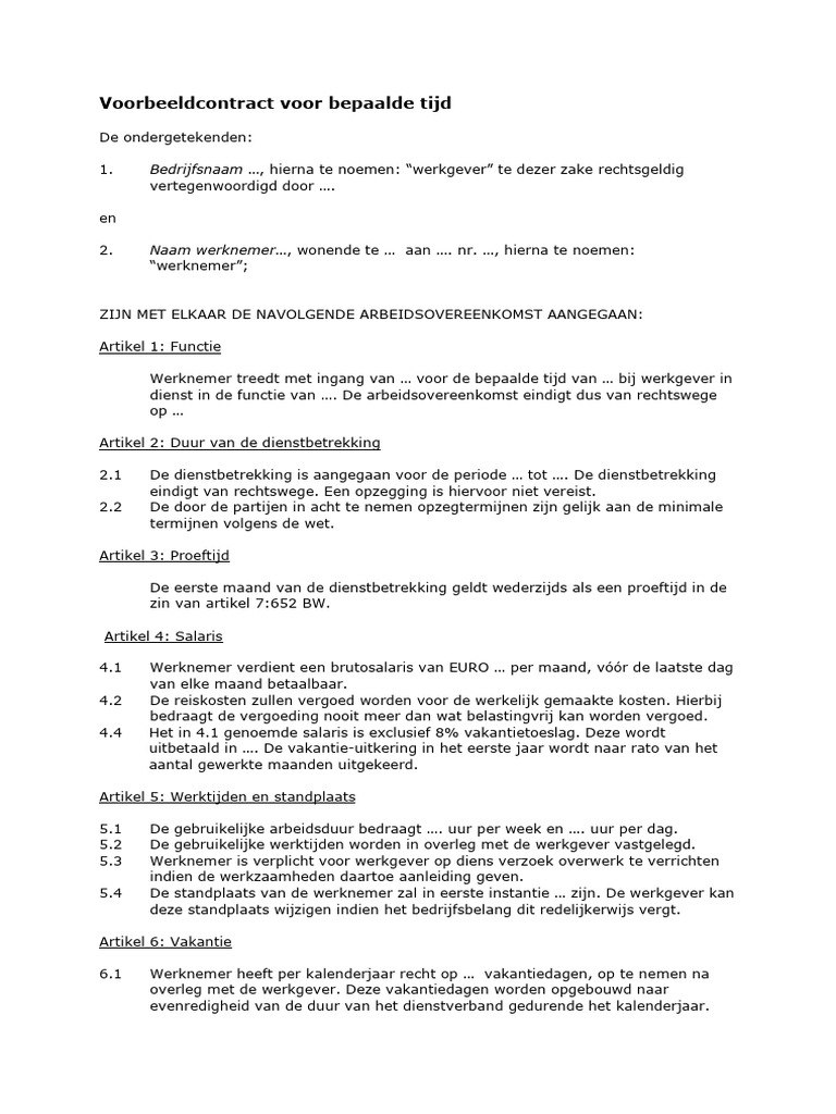 Voorbeeldcontract_voor_bepaalde_tijd | PDF