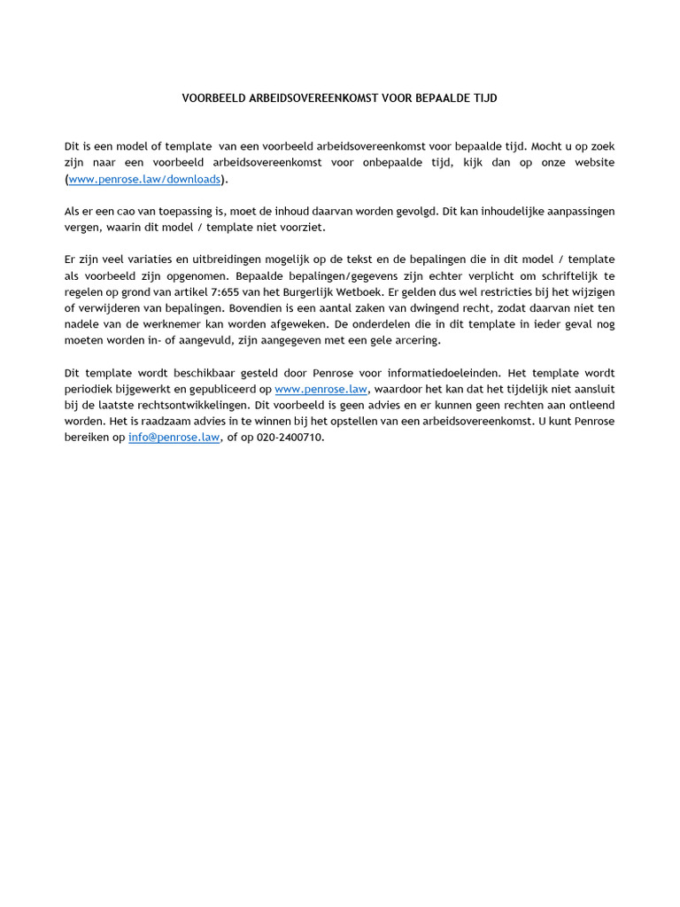 Template - Voorbeeld - Model Arbeidsovereenkomst Voor Bepaalde Tijd | PDF