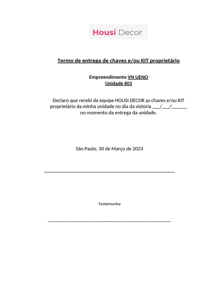 TERMO DE ENTREGA DE CHAVES OU KIT AO PROPRIETARIO | PDF
