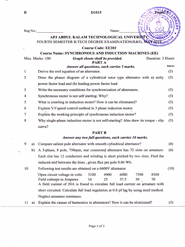 EE202 Synchronous and Induction Machines, May 2019 | PDF | Electric Motor | Electromagnetic ...
