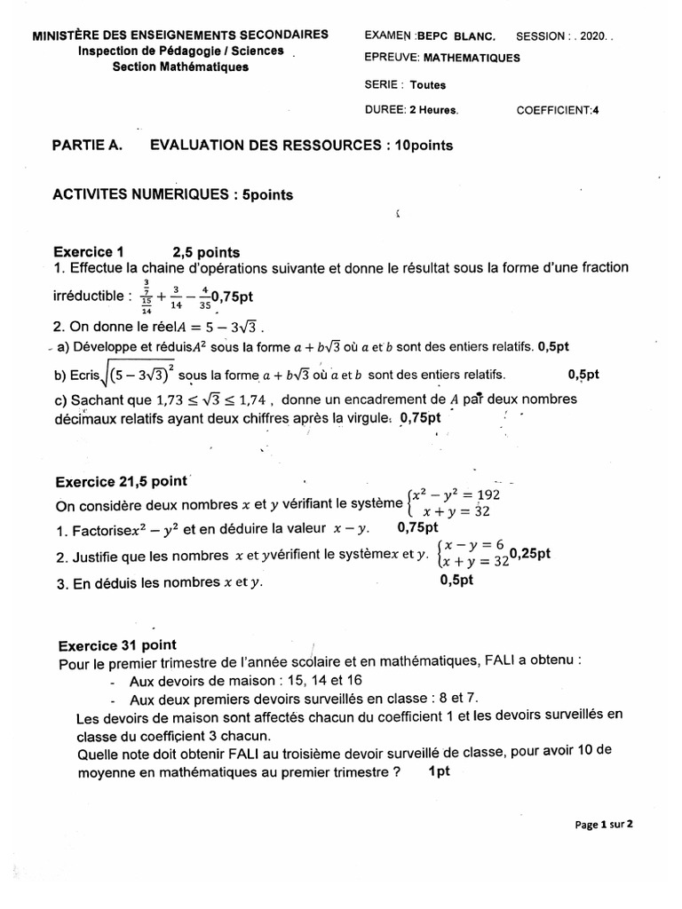 Épreuve Zero 2020 BEPC | PDF