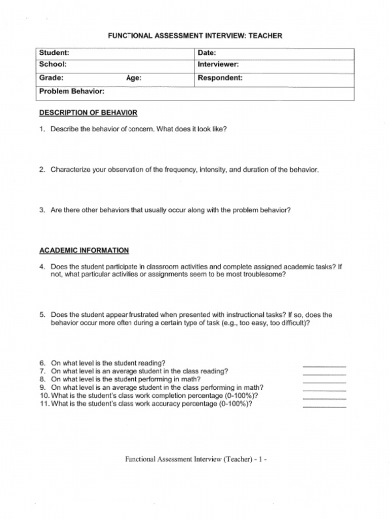 Functional Assessment Interview - Teacher | PDF