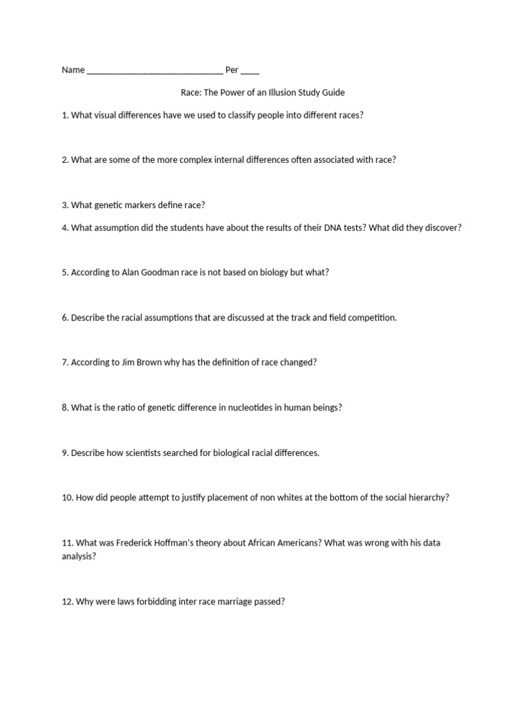 Cas Higgins - Race The Power of An Illusion Worksheet | PDF