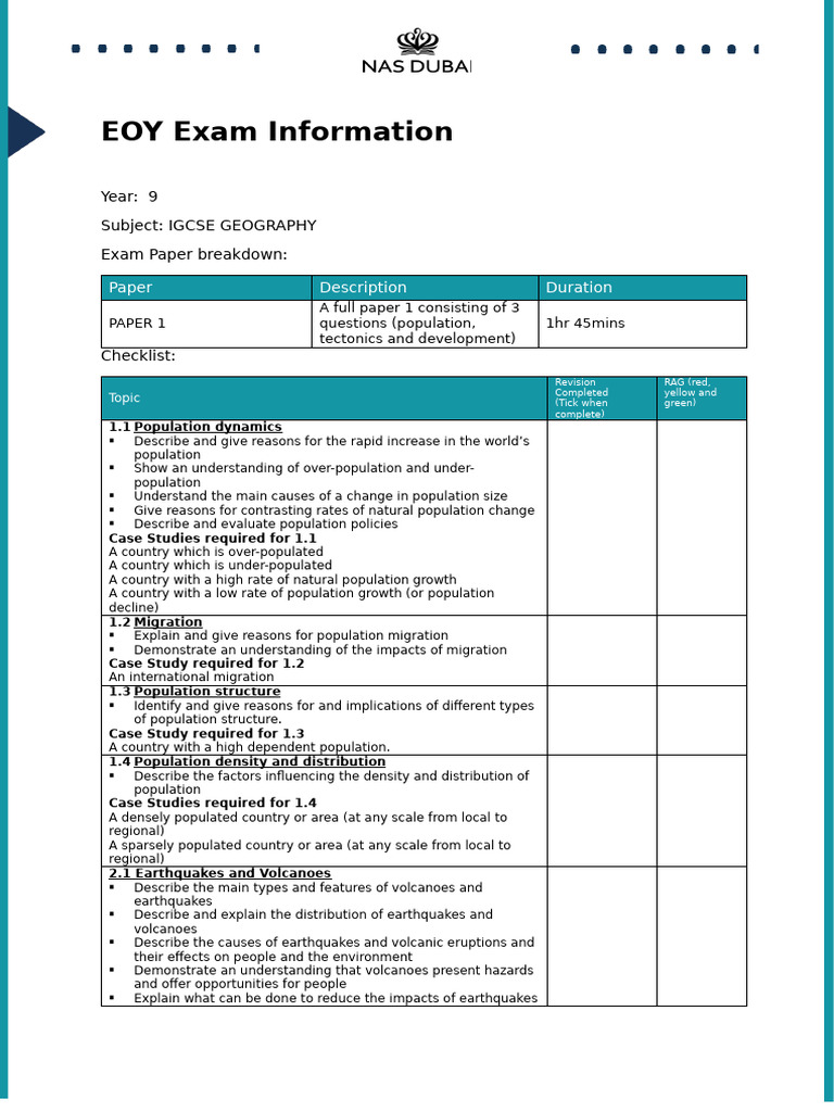 Y9 GEO EOY Exam Information (Checklist) | PDF | Volcano | Earthquakes