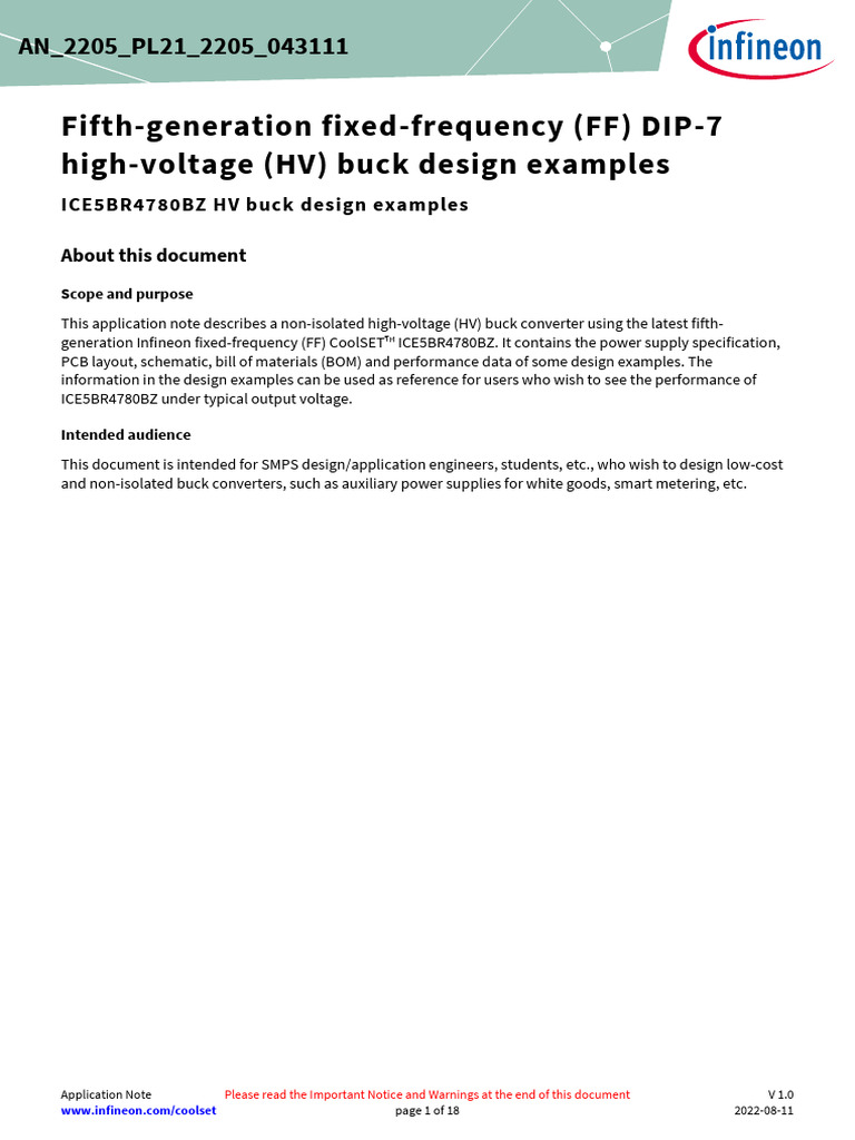 Infineon-CoolSET Fifth Generation Fixed Frequency Dip 7 High Voltage Buck Design Examples ...