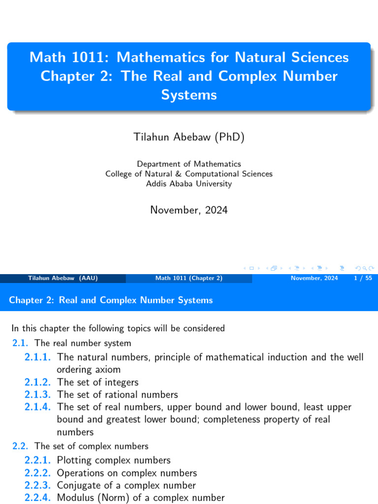 Math1011 Chap 02 AAU Nov 2024 | PDF | Complex Number | Natural Number