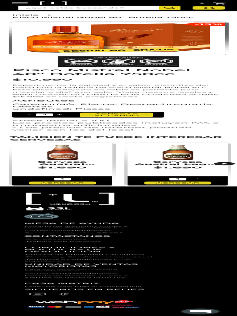 Pisco Mistral Nobel 40° Botella 750cc - Liquidos.cl | PDF