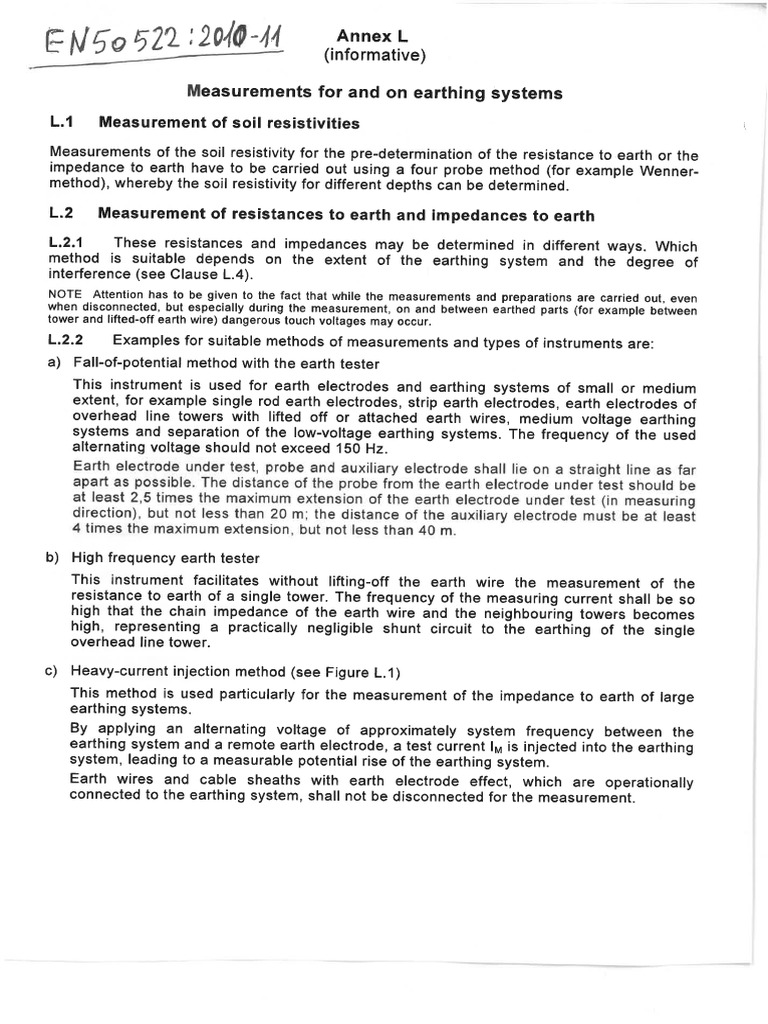 EN50522 2010-11 - Annex L - Measurement For and On Earthing Systems | PDF