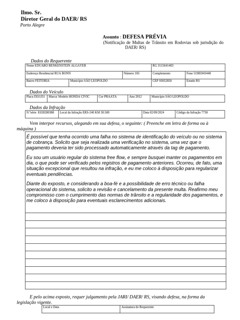13150539 Formulario de Recurso de Defesa Previa Contra Multas de ...