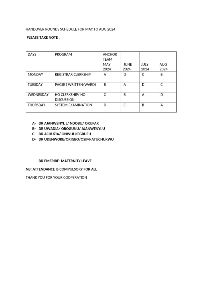 Handover Rounds Schedule For May-Aug 2024 | PDF