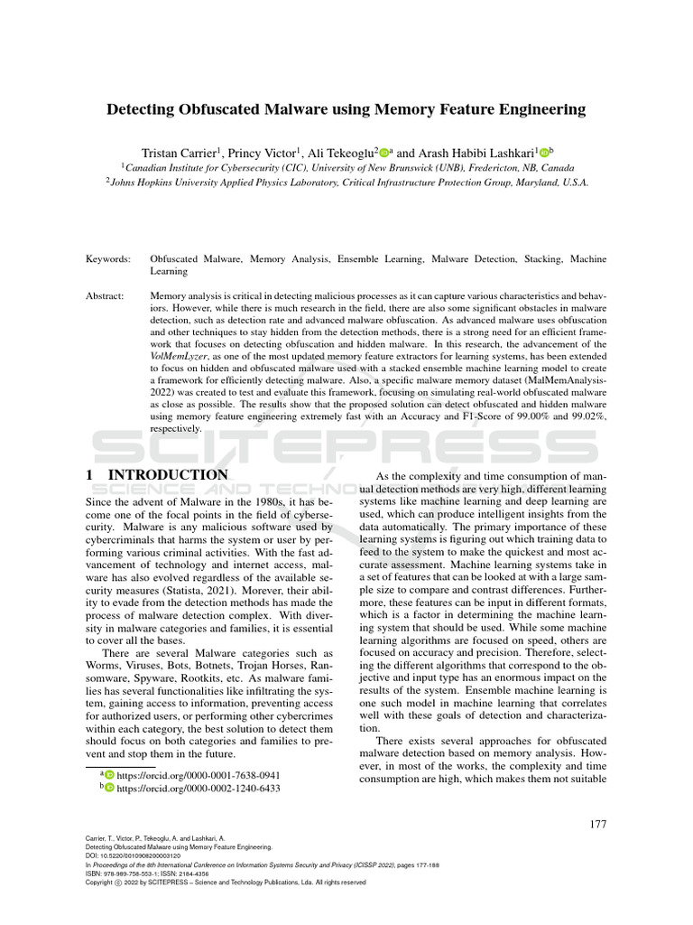 Detecting Obfuscated Malware using Memory Feature Engineering | PDF | Malware | Machine Learning