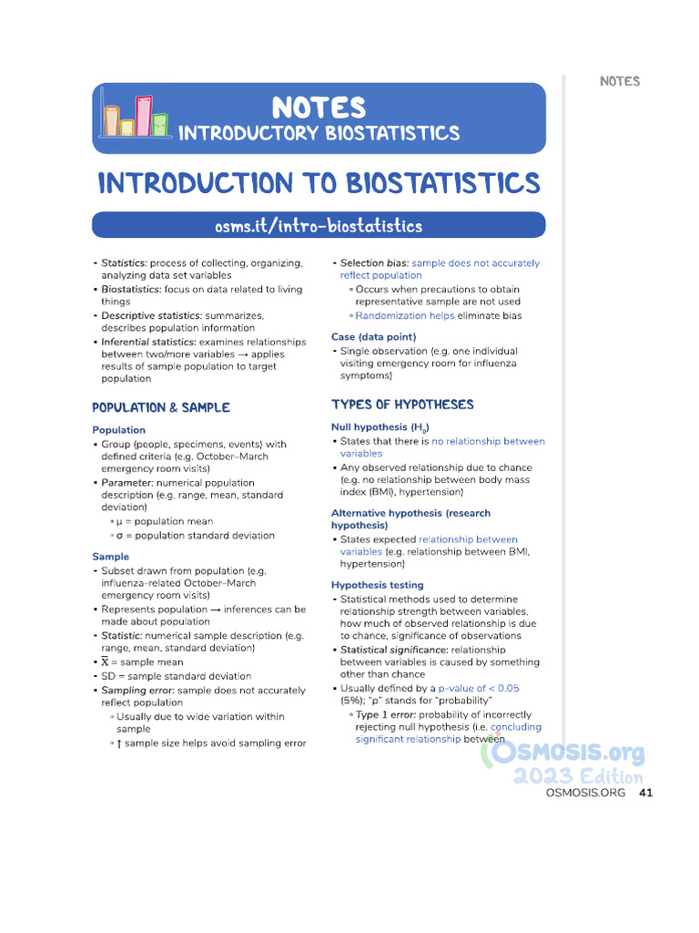 41-47 Introductory Biostatistics Notes - Osmosis | PDF | P Value | Type ...