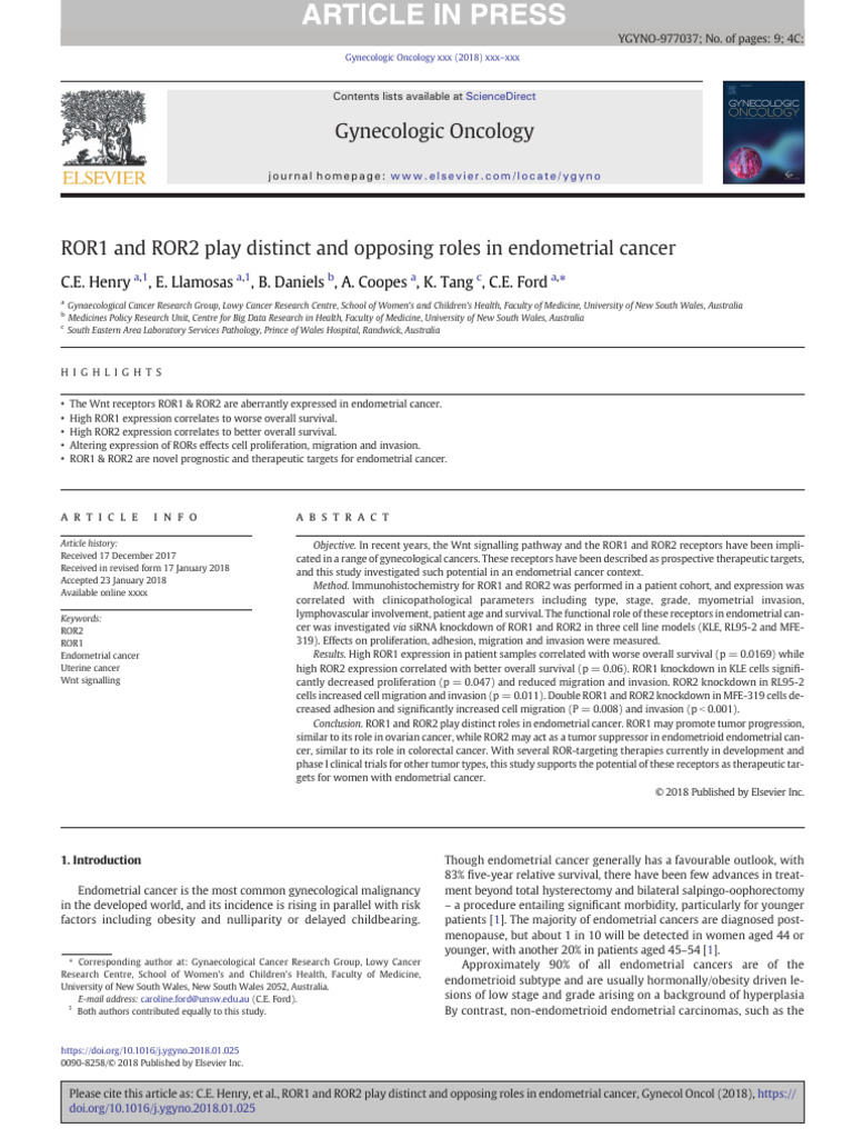ROR1 and ROR2 in Endometrial Cancer Roles | PDF | Cancer | Gene Knockdown