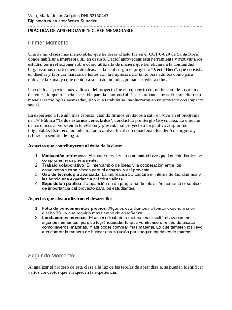 Consigna Práctica 1 M2- Clase Memorable VERA MARIA DE LOS ANGELES. | PDF | Aprendizaje | Enseñando