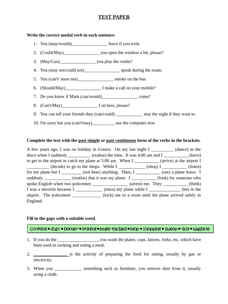 Modal Verbs and Past Tense Exercises | PDF