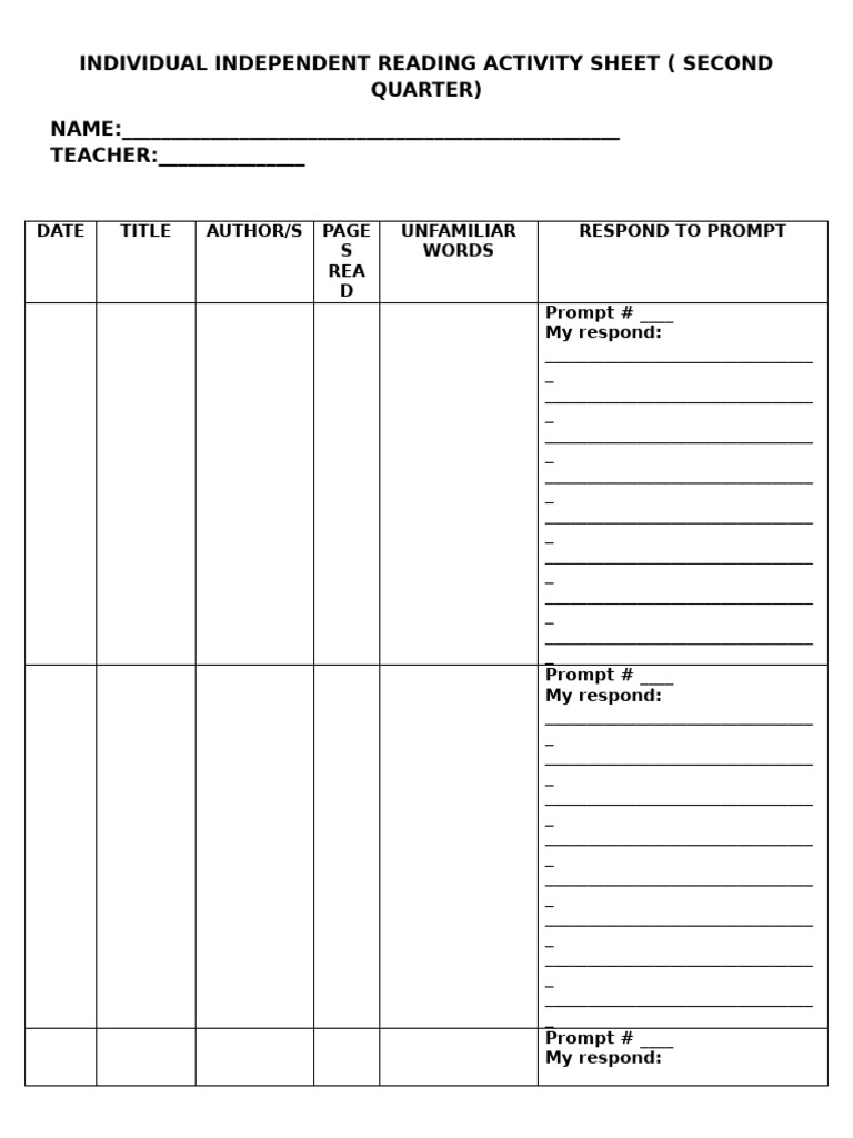INDIVIDUAL INDEPENDENT READING ACTIVITY SHEET | PDF
