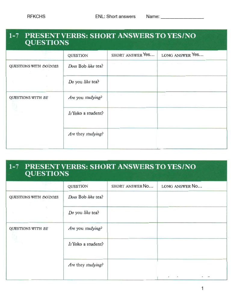 Present Verbs: Short Answers Guide | PDF | Linguistics | Grammar